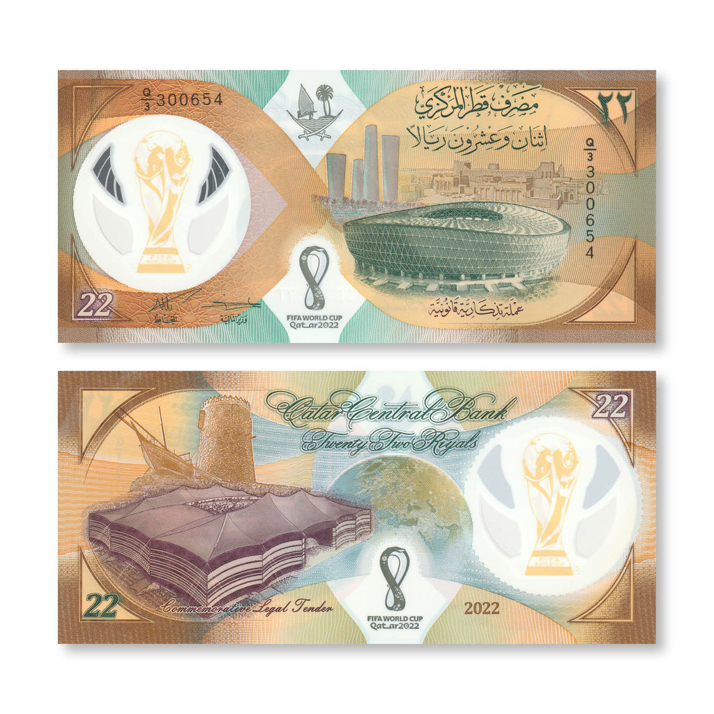 Qatar 22 Riyals, 2022 World Cup Commemorative, BNP201a, UNC – Robert's World Money