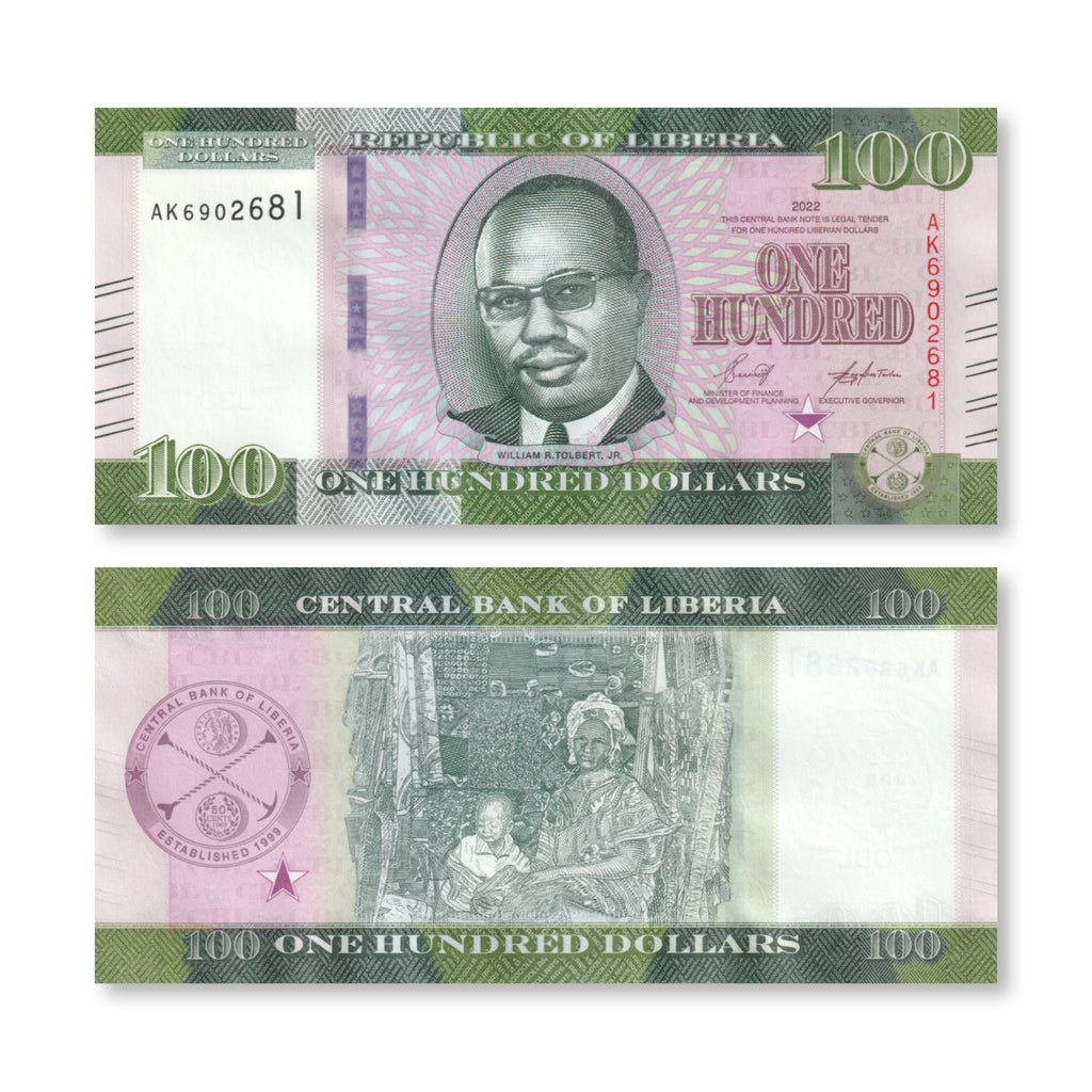 Liberia 100 Dollars, 2022, B319b, UNC – Robert's World Money